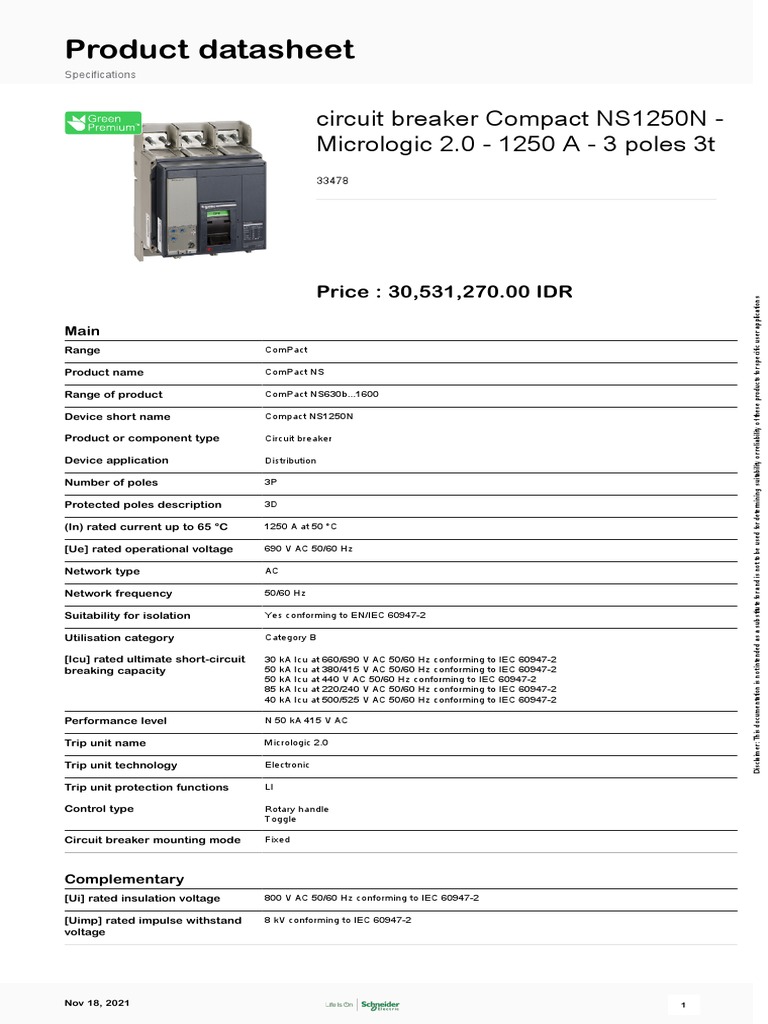 Product Datasheet: Circuit Breaker Compact NS1250N - Micrologic 2.0 ...