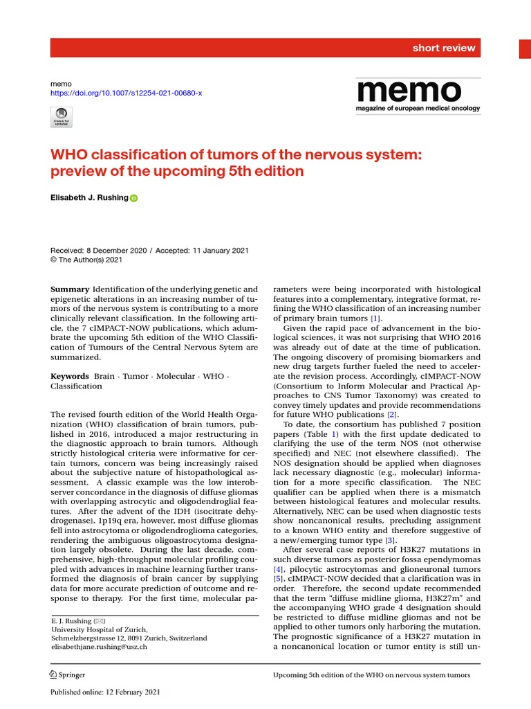 WHO Classification of Tumors of The Nervous System: Preview of The ...