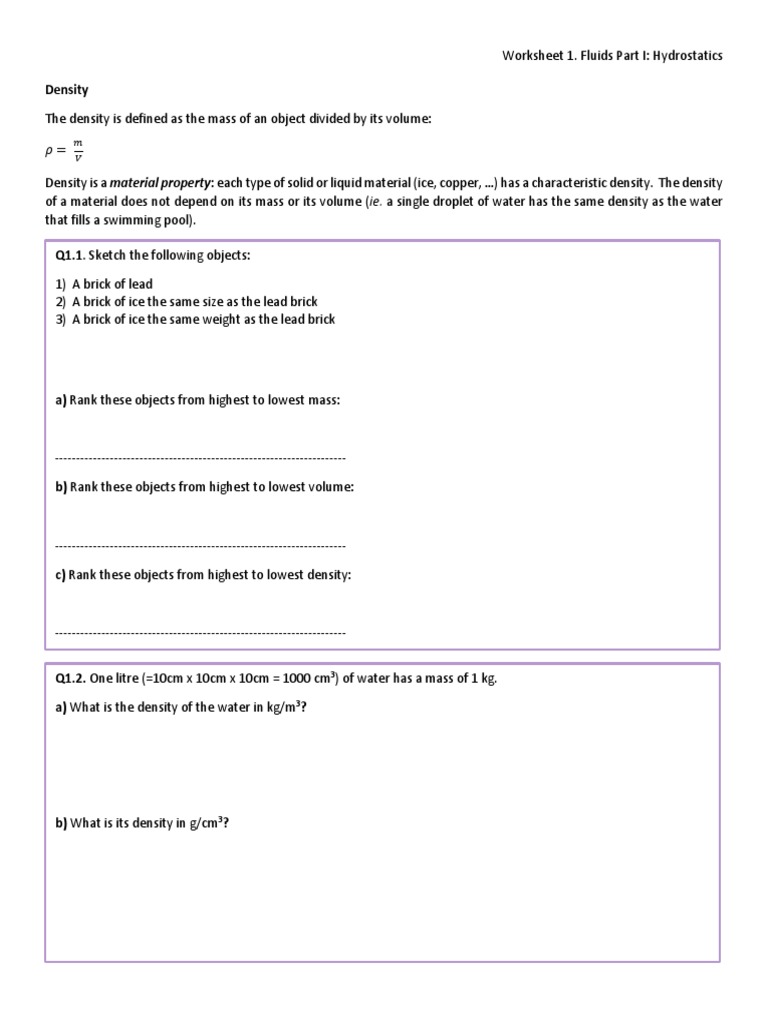 Worksheet 1 131 2021W2 Hydrostatics | PDF | Pressure | Density