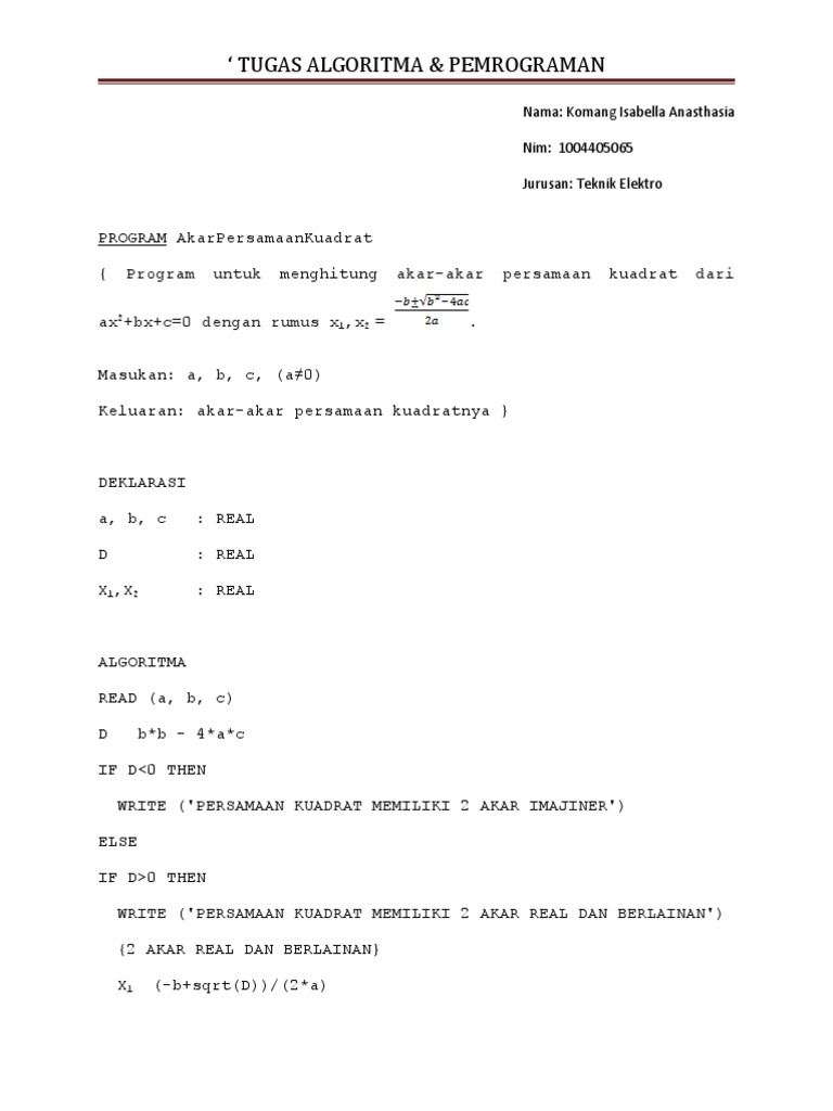 NOTASI ALGORITMA Akar Persamaan Kuadrat | PDF