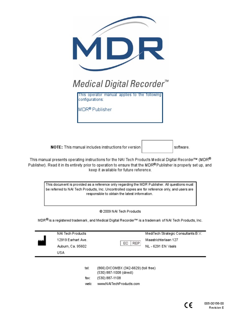 MDR Publisher: This Operator Manual Applies To The Following ...