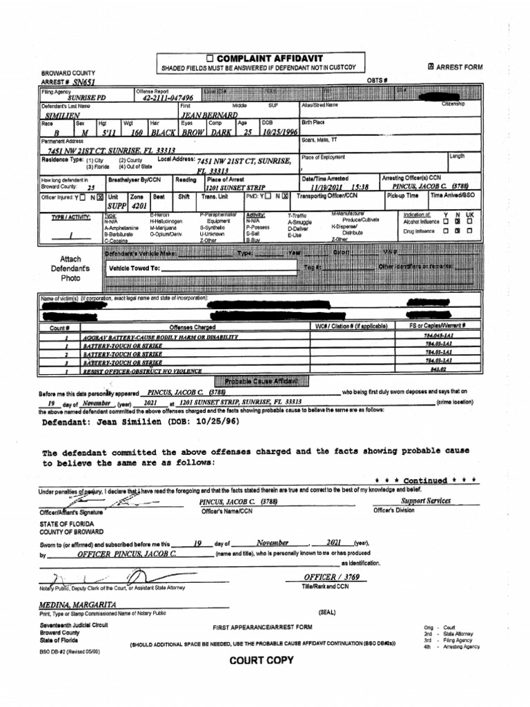 Jean Bernard Similien's Sunrise PD Complaint Affidavit - Nov. 19, 2021 ...