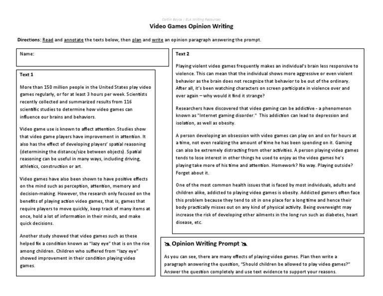Opinion Writing: Kids & Video Games | PDF | Video Games | Attention