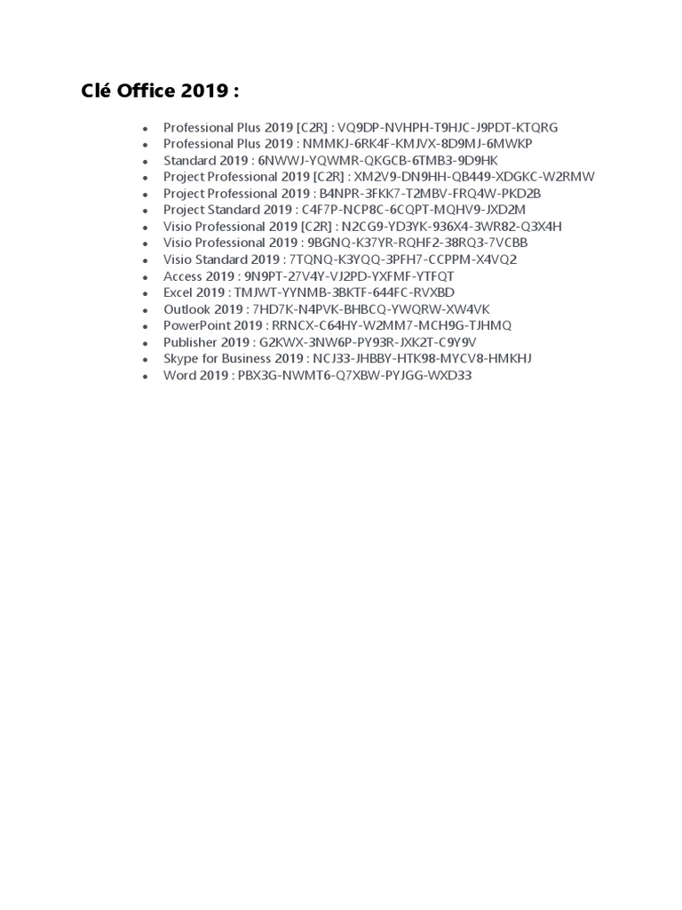 Office 2019 Product Keys List | PDF