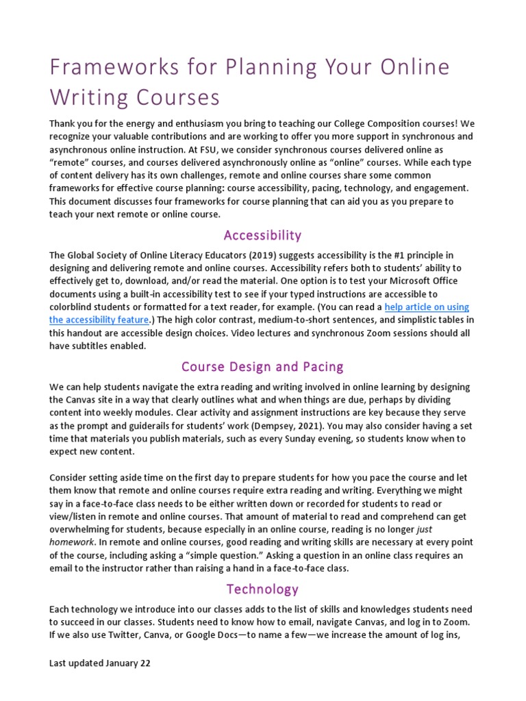 Work Sample Frameworks For Online Teaching | PDF | Educational ...