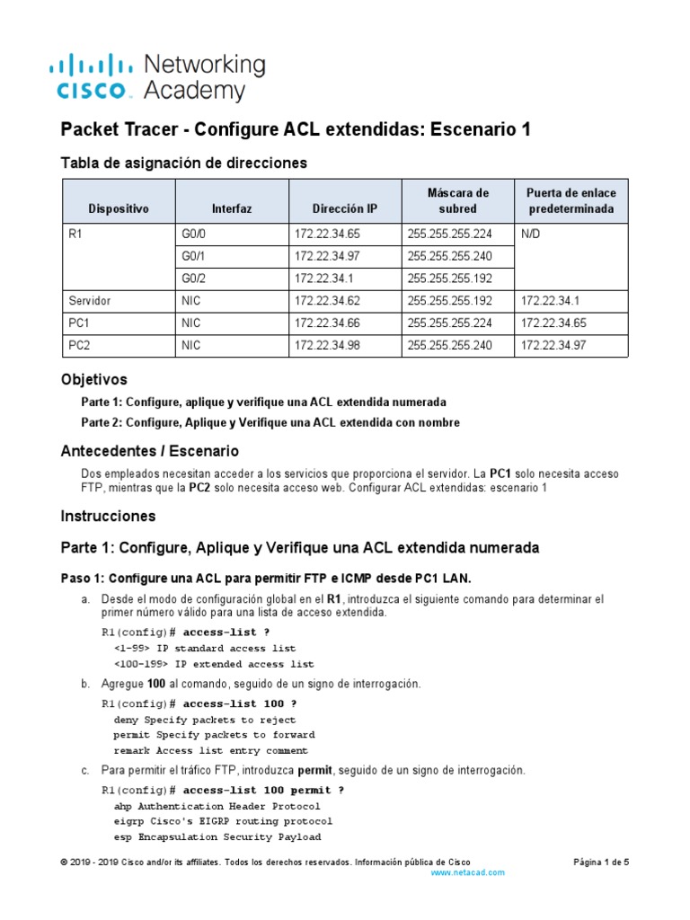 5.4.12 Packet Tracer - Configure Extended IPv4 ACLs - Scenario 1 | PDF | Dirección IP ...