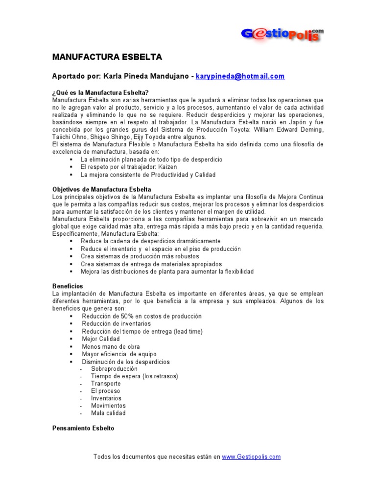 Manufactura Esbelta | Descargar gratis PDF | Lean Manufacturing | Gestión de Procesos de Negocio