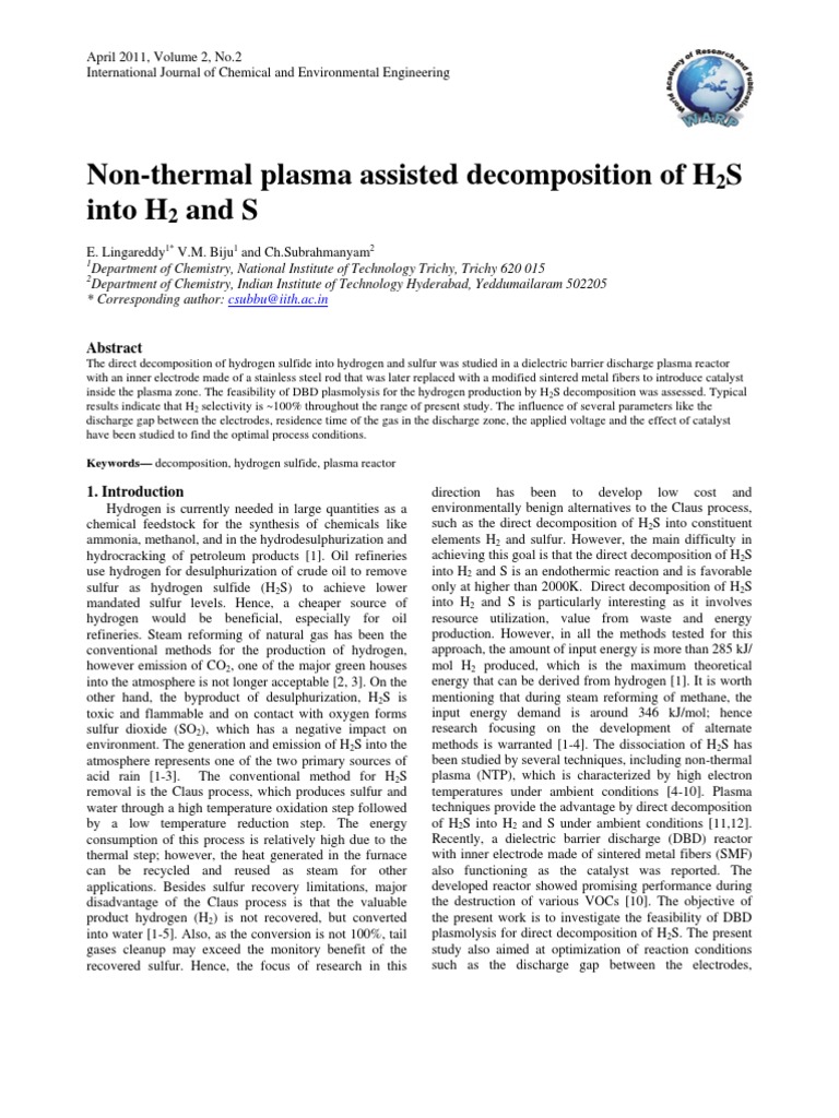 Non-Thermal Plasma Assisted Decomposition of H2S Into H2 and S | PDF ...