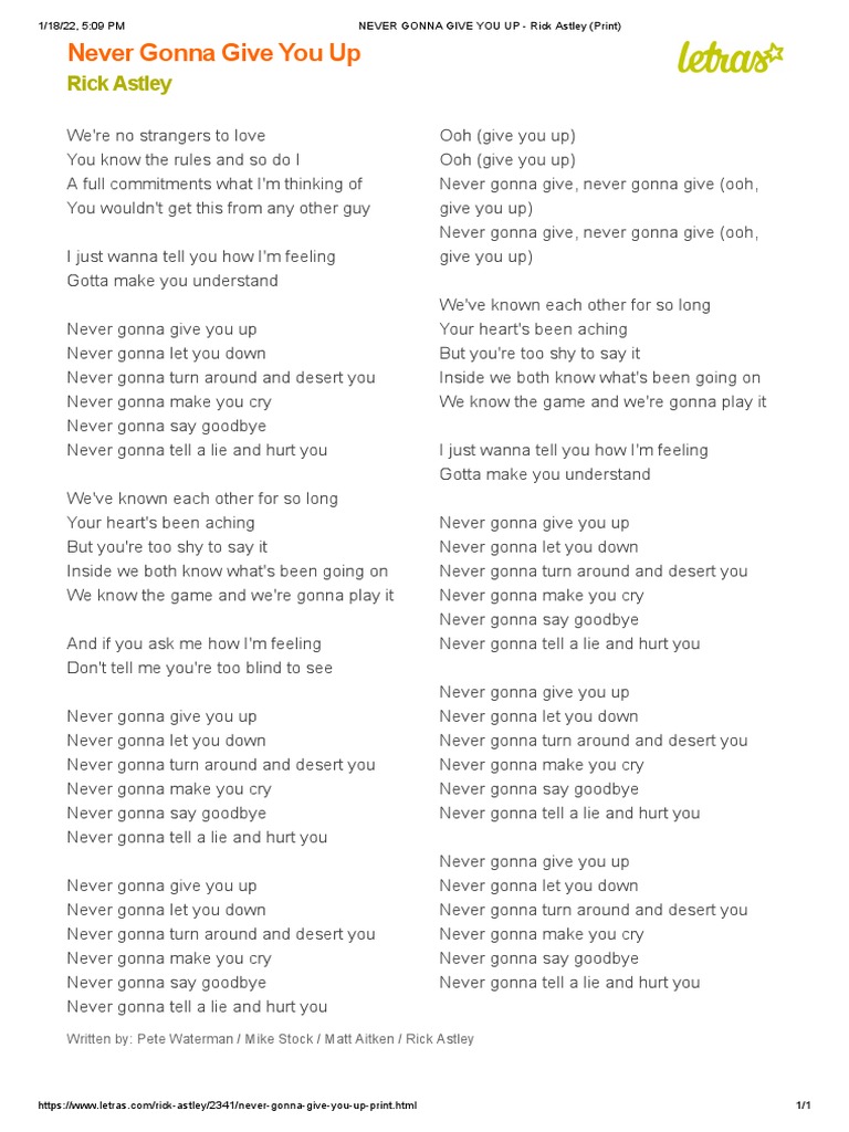 NEVER GONNA GIVE YOU UP - Rick Astley Lyrics | PDF | Pop Music | Song ...