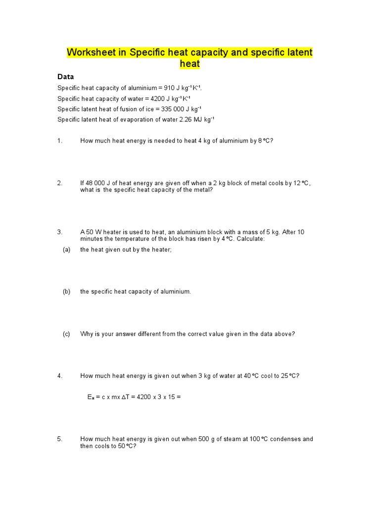 Worksheeet Specific Heat Capacity and Latent Heat | PDF | Heat | Latent ...