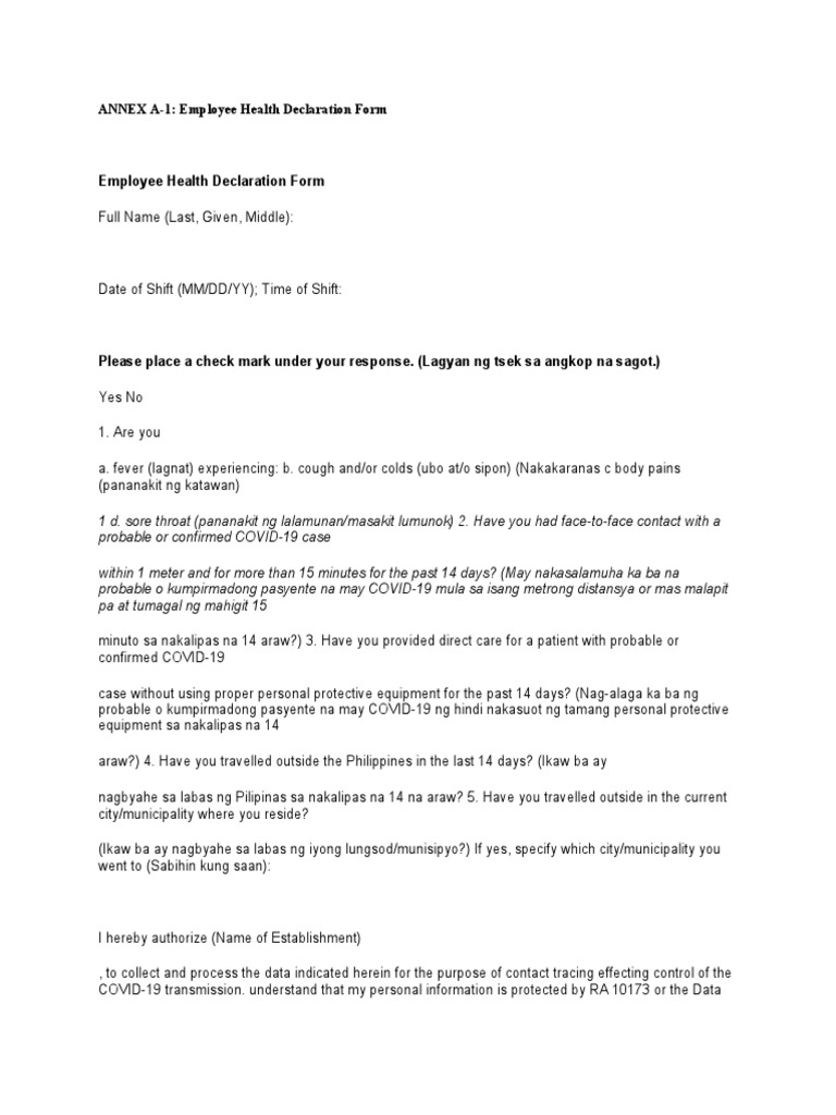 ANNEX A-1: Employee Health Declaration Form | PDF