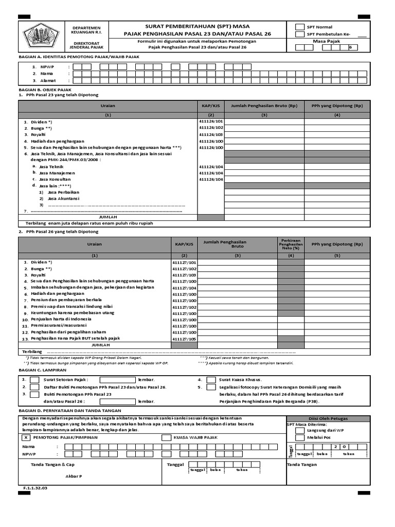 4 FORMULIR SPT Masa-BUKTI POTONG-SSP PPH Pasal 23 | PDF