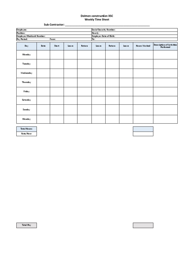 Dolmen Construction XSC Weekly Time Sheet Sub-Contractor | PDF