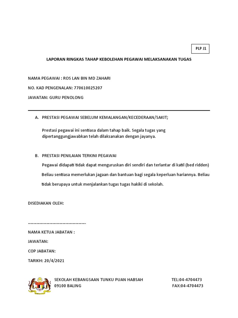 Laporan Ringkas Tahap Kebolehan Pegawai Melaksanakan Tugas | PDF