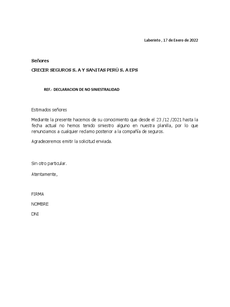 Carta de No Siniestralidad SCTR | PDF