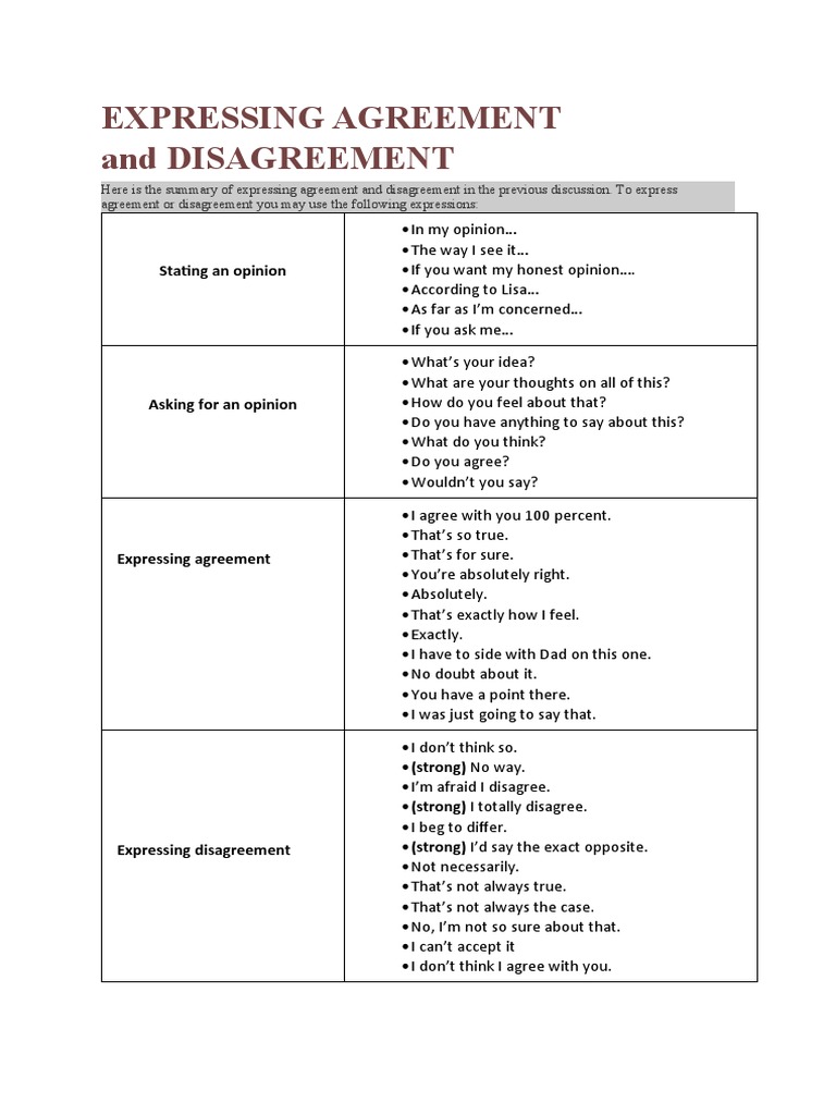 Expressing Agreement and Disagreement: Stating An Opinion | PDF