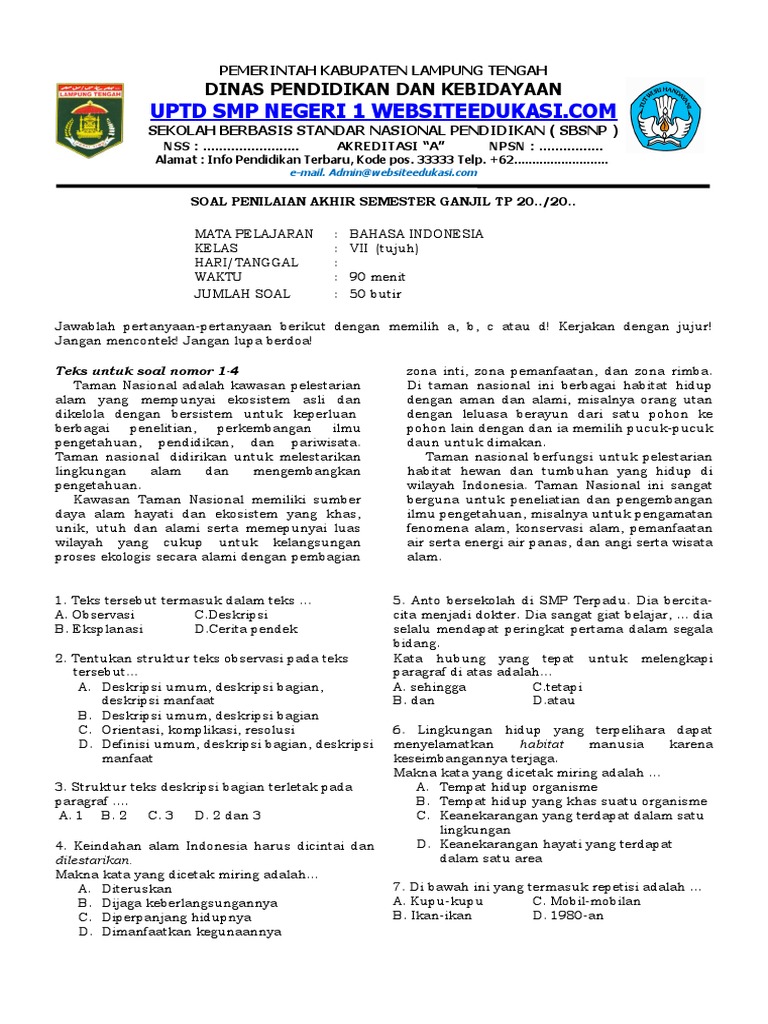 Soal Pas B. Indo Kelas 7 | PDF