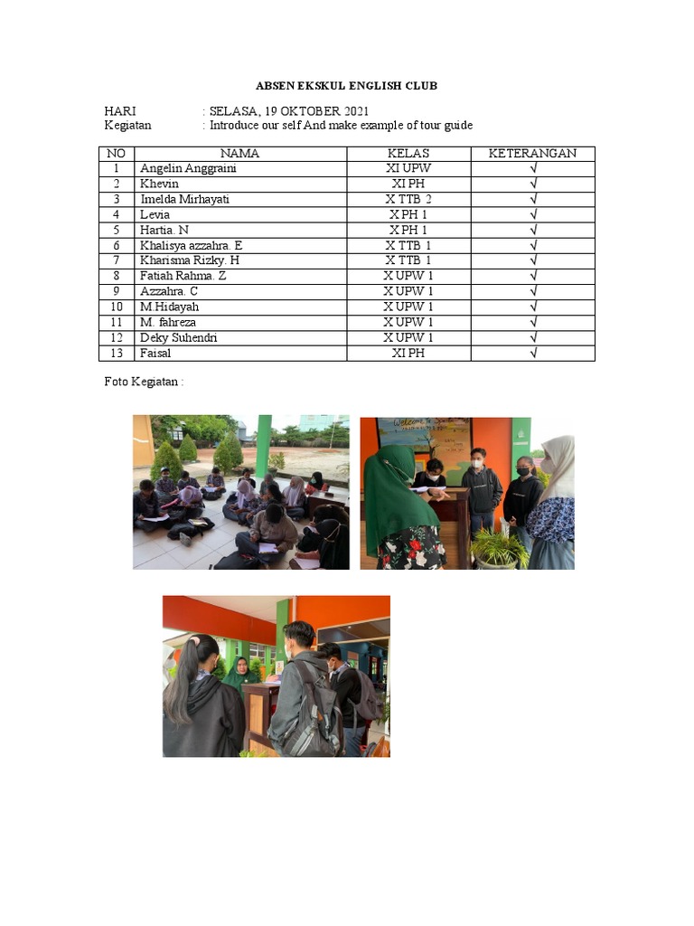 English Club Activities Attendance | PDF