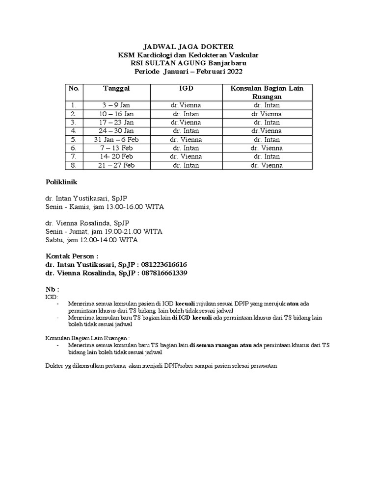 Jadwal Jaga KSM Kardiologi Rsisa Jan-Feb 2022 | PDF