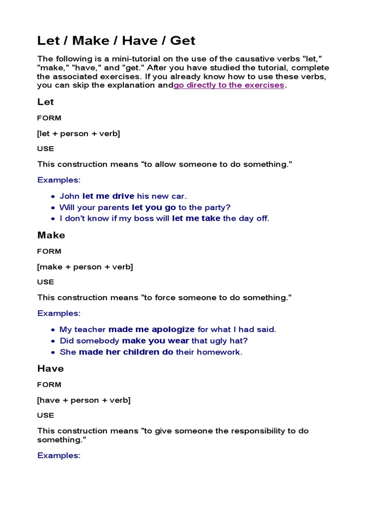 Let / Make / Have / Get: Go Directly To The Exercises | PDF | English ...