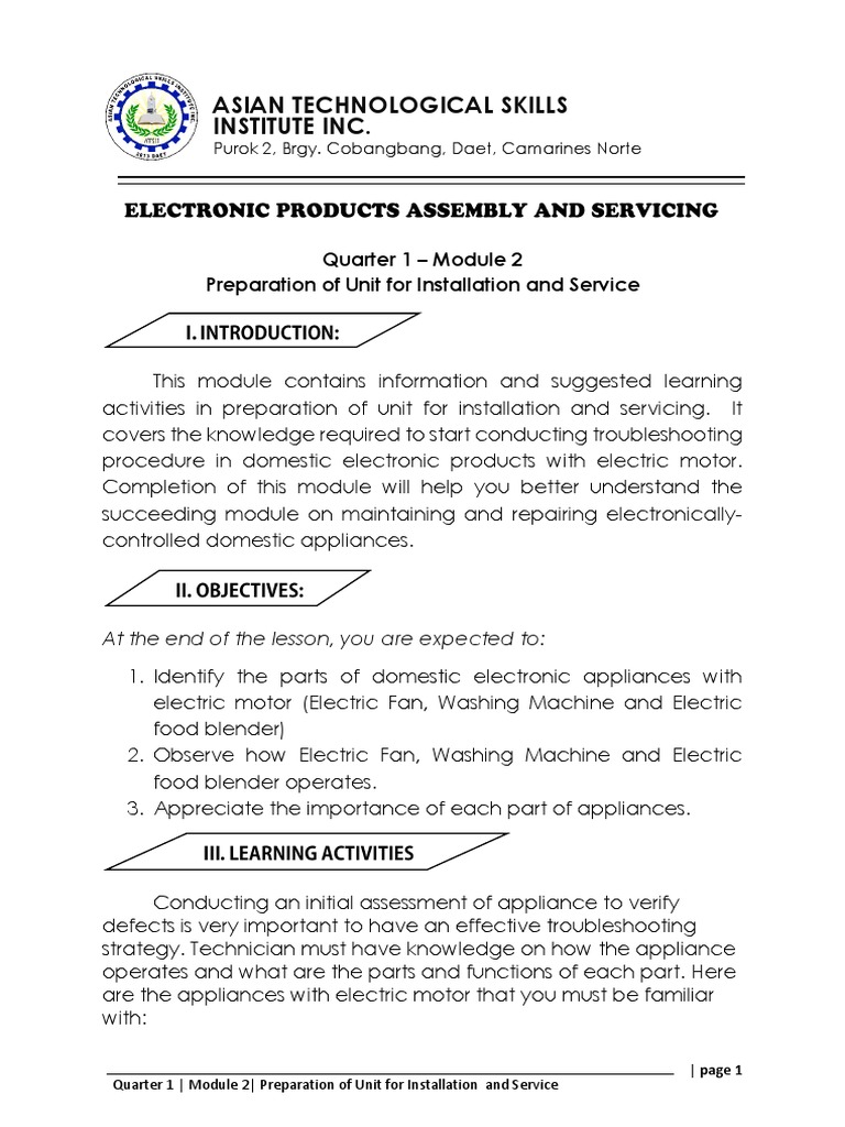 EPAS Module 2 - Preparation of Unit | PDF | Electric Motor | Blender