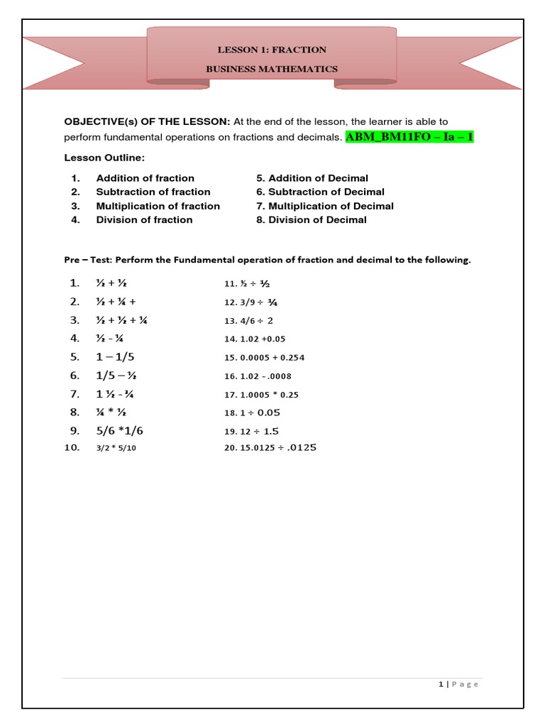 Business Mathematics Module 1 - Fundamental Operations On Fractions ...
