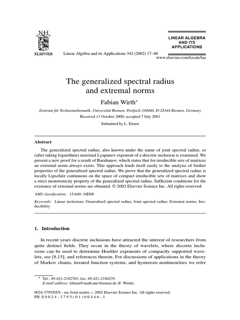 The Generalized Spectral Radius and Extremal Norms: Fabian Wirth | PDF ...