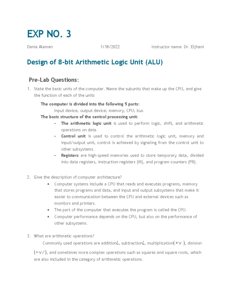 Exp No. 3: Design of 8-Bit Arithmetic Logic Unit (ALU) | Download Free ...