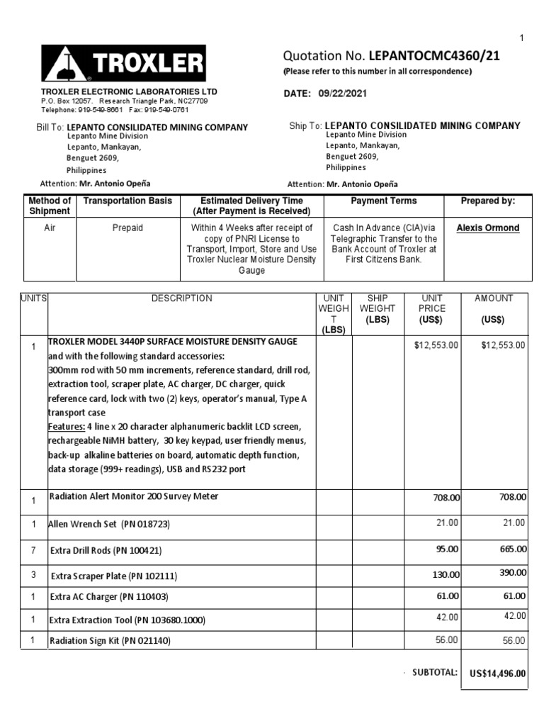Lepanto Mining Troxler Gauge Quotation | PDF | Battery Charger