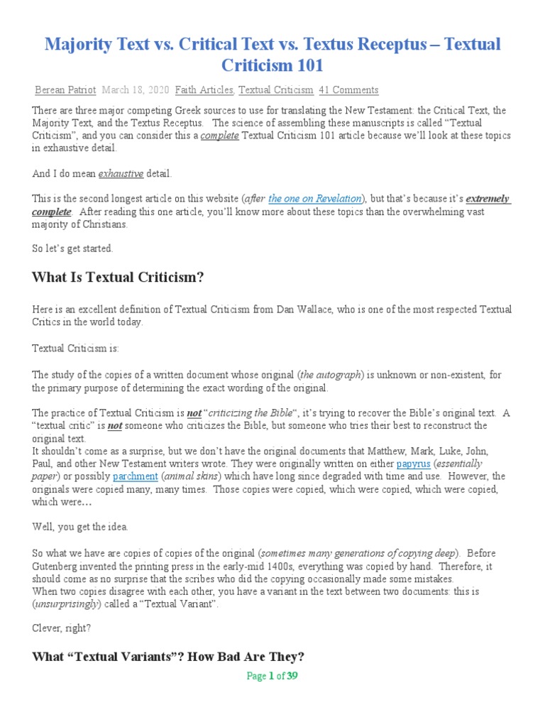 Majority Text vs. Critical Text vs. Textus Receptus - Textual Criticism ...