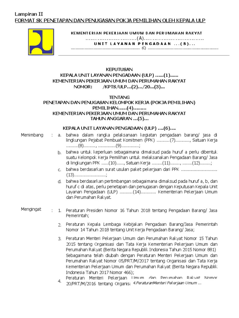 Contoh Format SK Penetapan Dan Penugasan Pokja Pemilihan | PDF