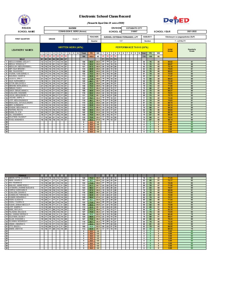 Electronic School Class Record: (Pursuant To Deped Order 30 Series of ...