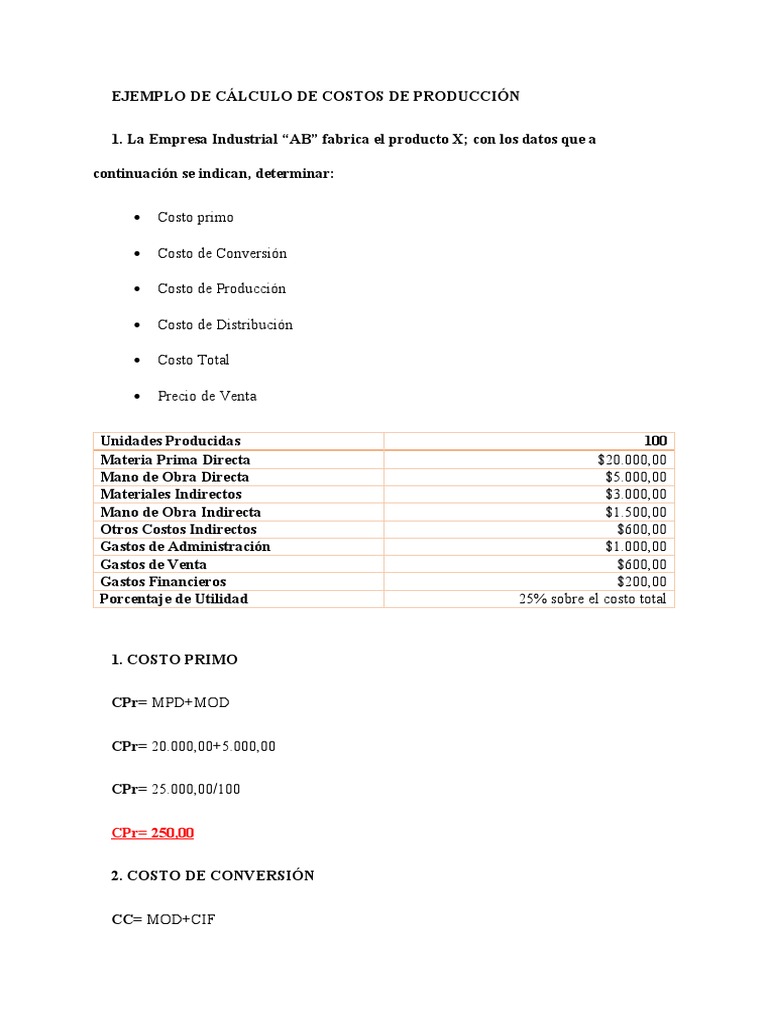 Ejemplo de Cálculo de Costos de Producción | PDF