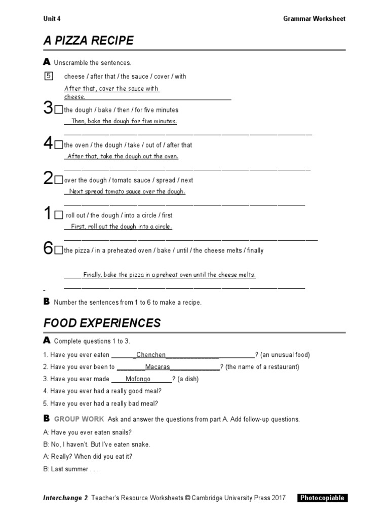A Pizza Recipe: Unit 4 Grammar Worksheet | Download Free PDF | Pizza ...