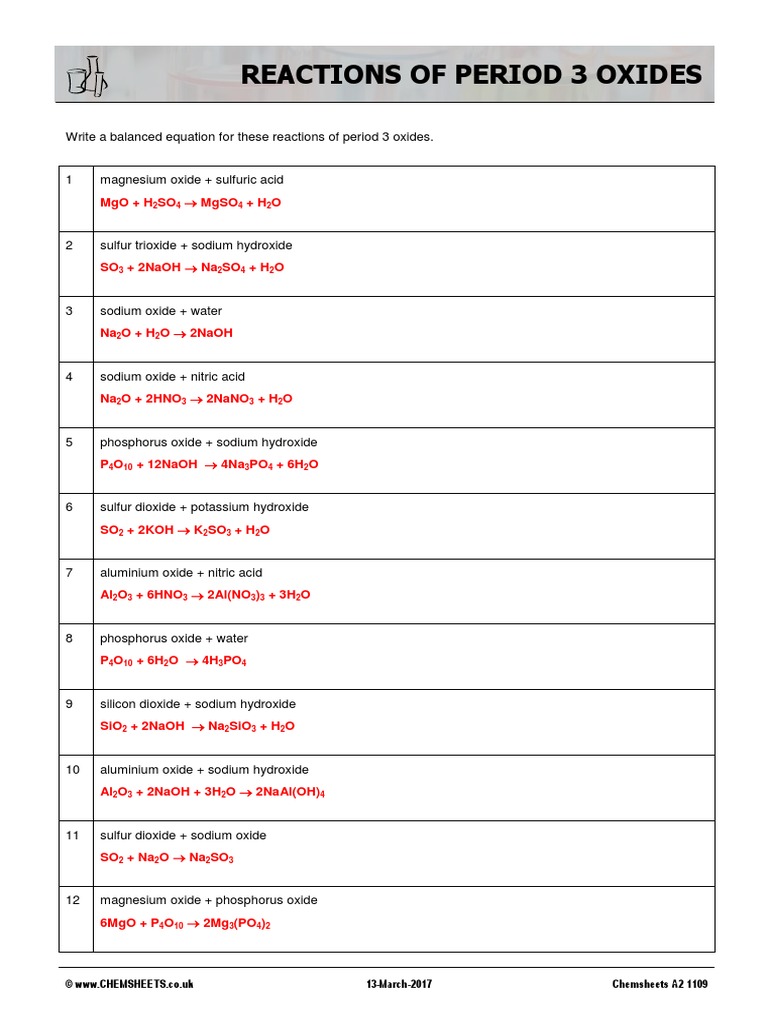 Chemsheets A2 1109 Reactions of Period 3 Oxides ANS | PDF