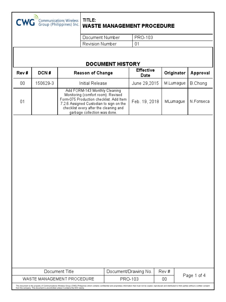 PRO-103-01 Waste Management Procedure | PDF | Waste Management | Waste