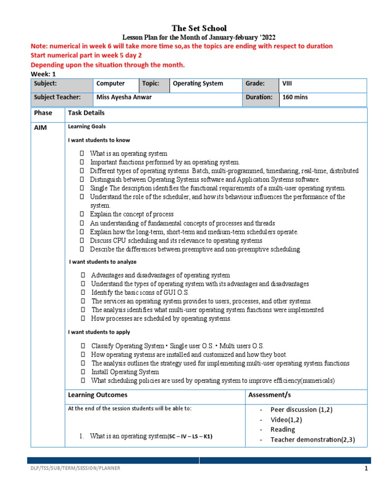 Lesson Plan Operating System Pdf Operating System Scheduling Computing 
