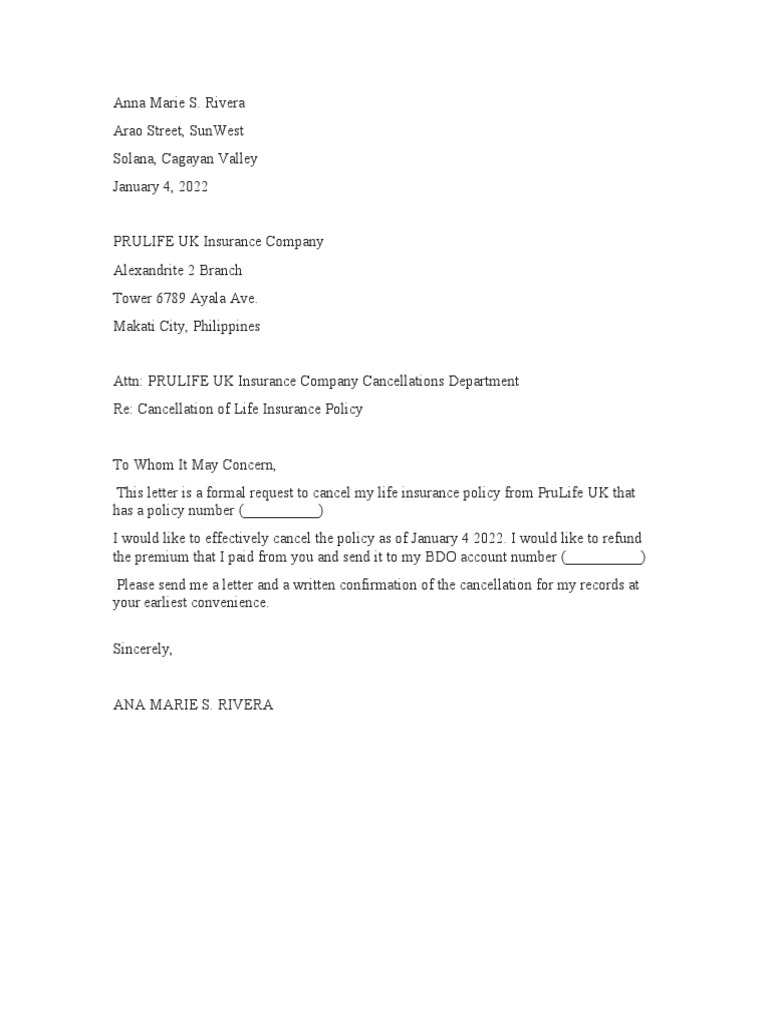 Life Insurance Policy Cancellation Request | PDF | Business