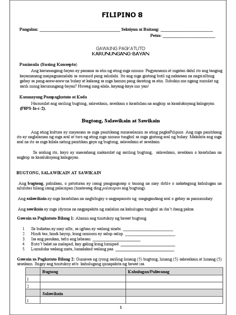 Bugtong, Salawikain, Kasabihan-Week2 | PDF