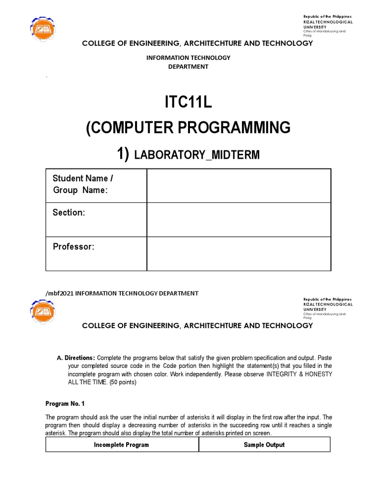 Itc111 Lab Midterm Pdf Computer Programming Computing 