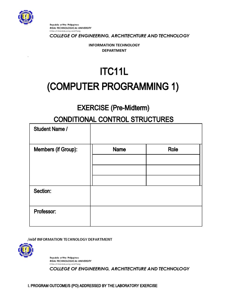 Itc11l Computer Programming 1 Exercise Pre Midterm Conditional Control Structures Pdf