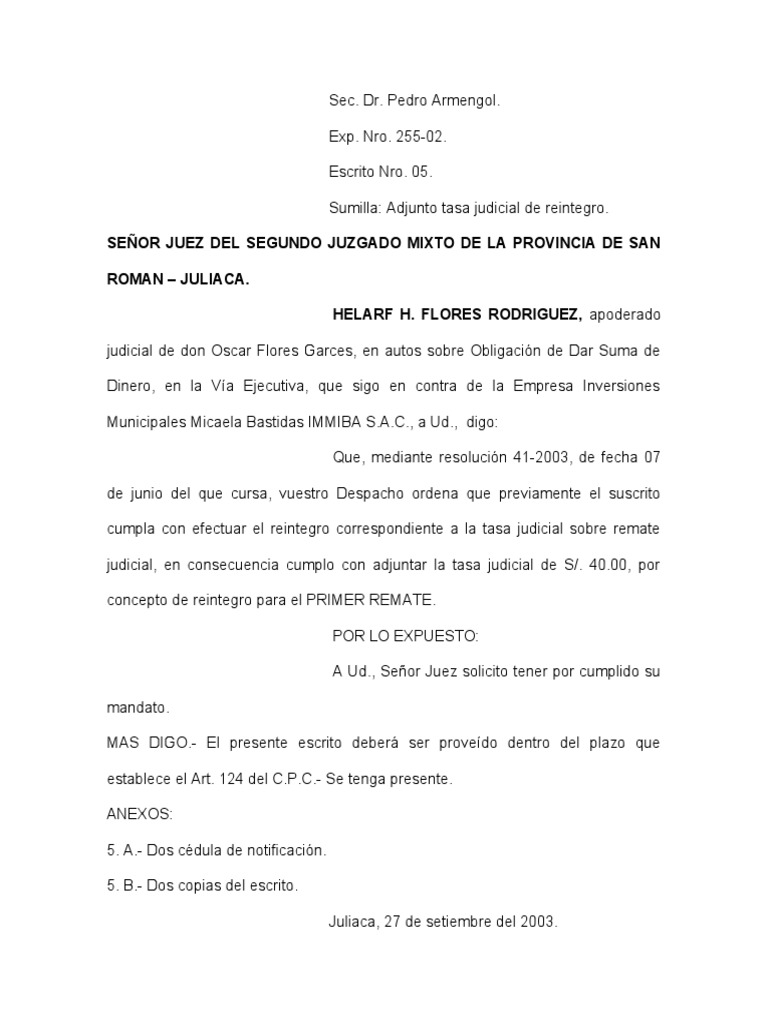 Adjunta Tasa Judicial de Reintegro | PDF