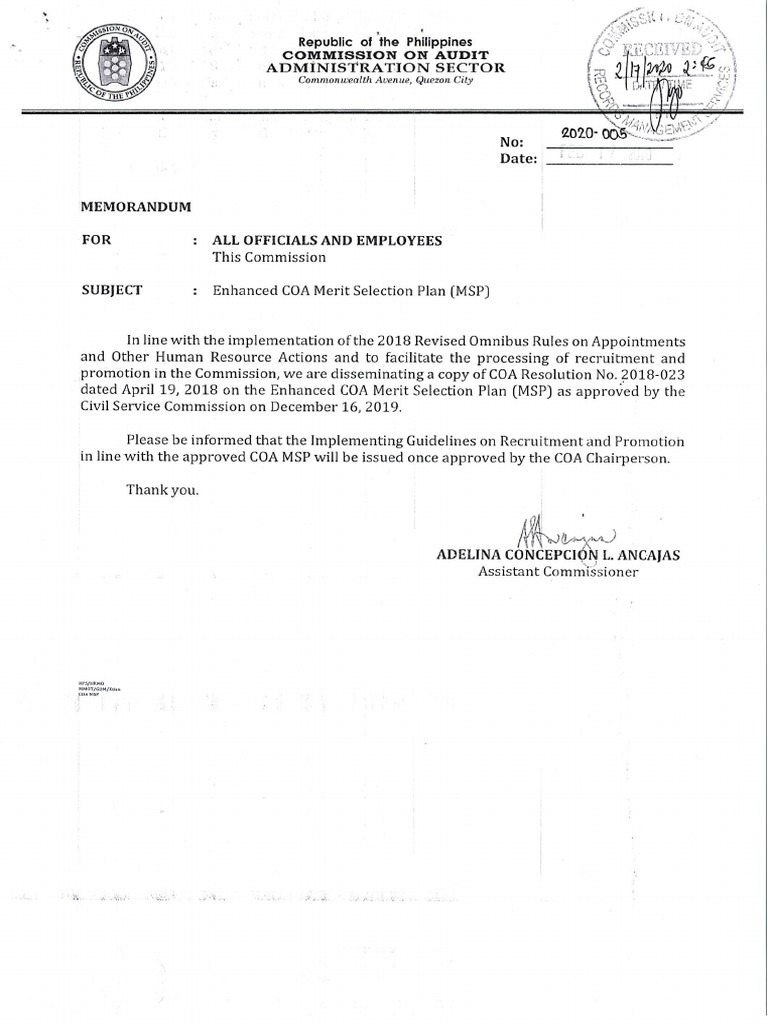 COA As Memo2020-005 Approved MSP | PDF