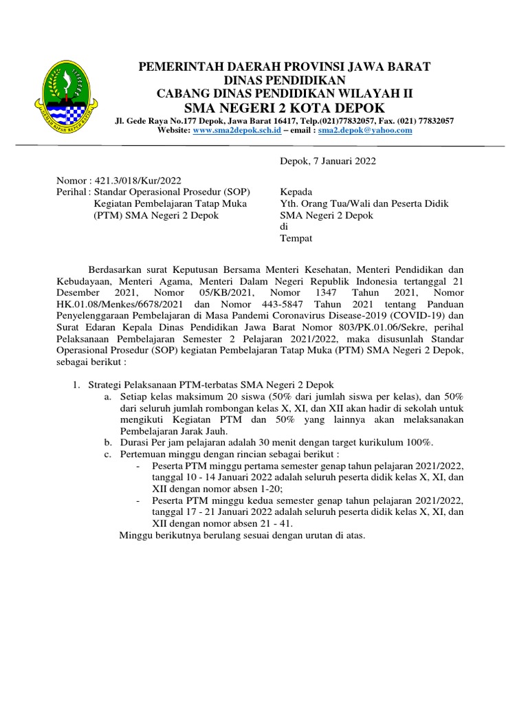 SOP Pembelajaran Tatap Muka SMA 2 Depok | PDF