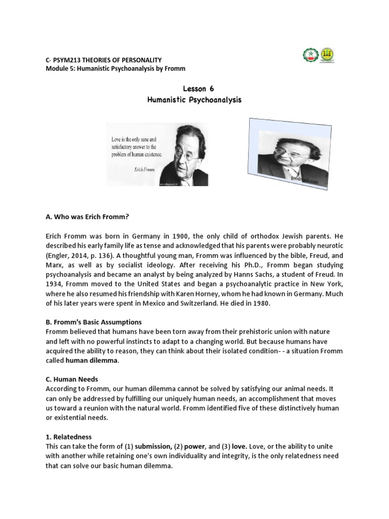 Lesson 6 Humanistic Psychoanalysis: C-Psym213 Theories of Personality ...