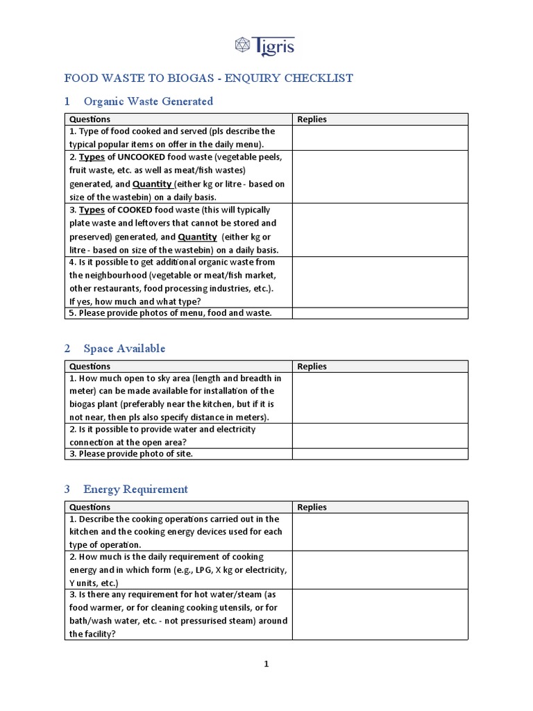Food Waste To Biogas - Enquiry Checklist 1 Organic Waste Generated | PDF