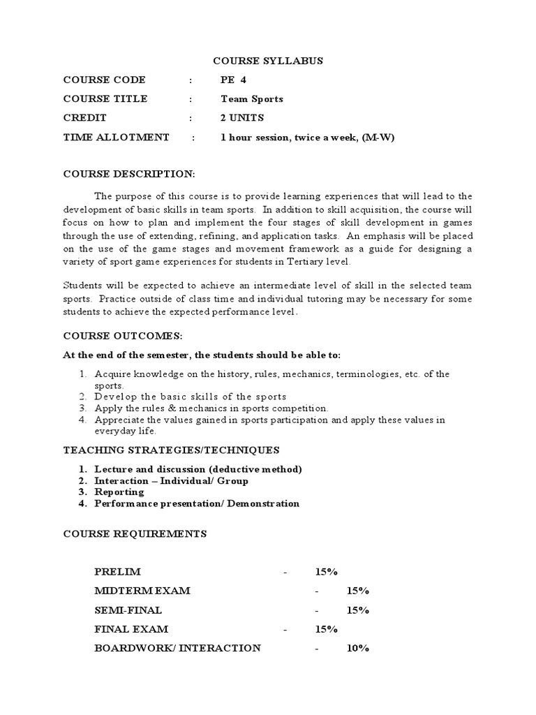 Team Sports Syllabus | PDF | Learning | Physical Education