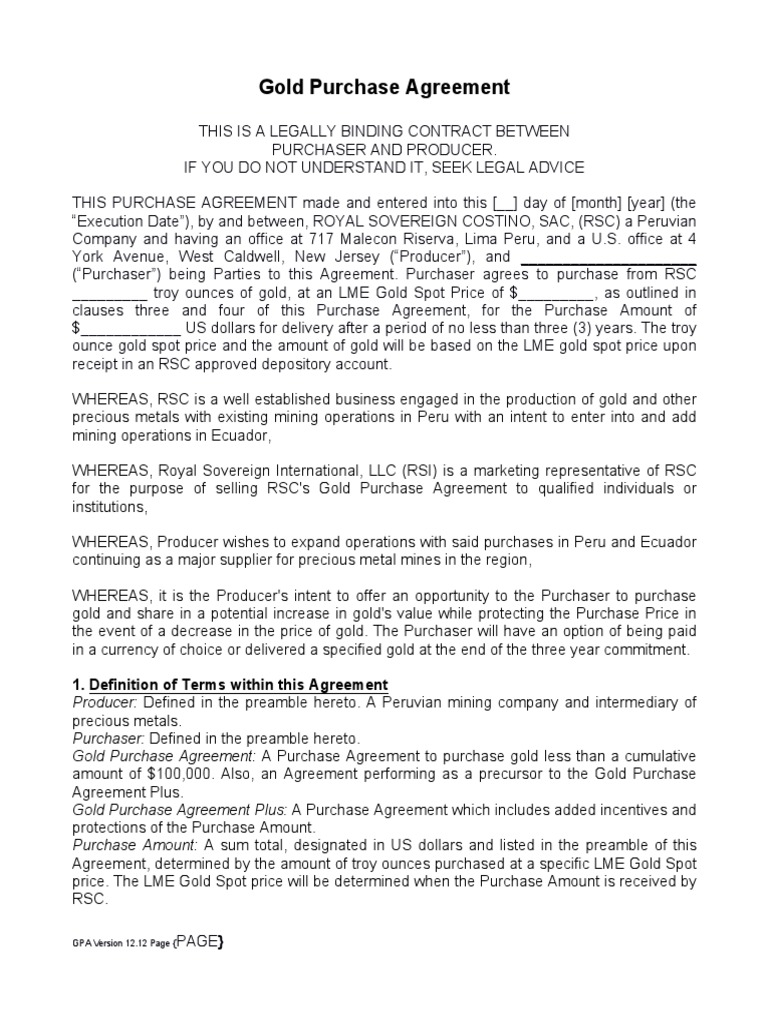 Gold Purchase Agreement: 1. Definition of Terms Within This Agreement | PDF