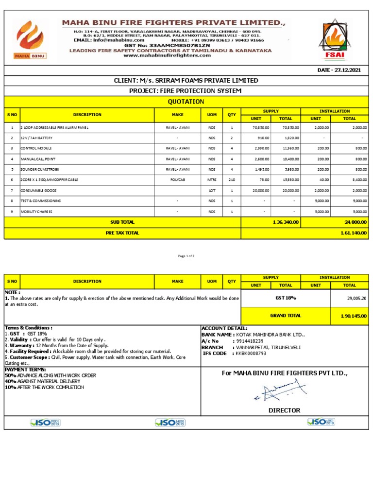 Sriram Foams Private Limited - Fire Alarm Quotation | PDF | Value Added Tax