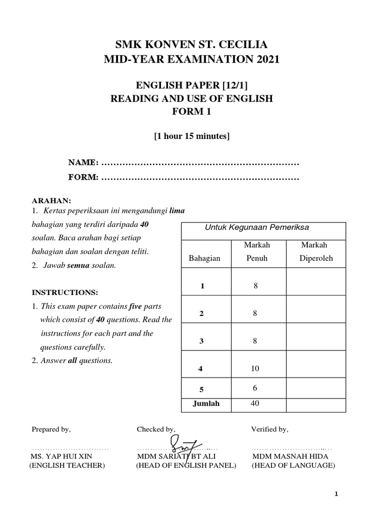 Peperiksaan Pertengahan Tahun 2021 ENGLISH PAPER1 Form 1 Question | PDF ...